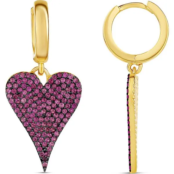 SHYMI Pavé Heart Drop Huggie Hoop Earrings - Gold/hot Pink