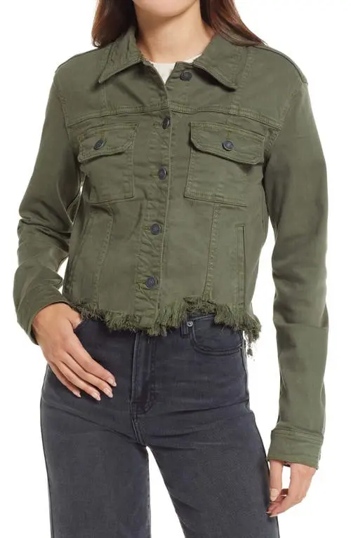 HIDDEN JEANS Frayed Hem Denim Trucker Jacket - Olive