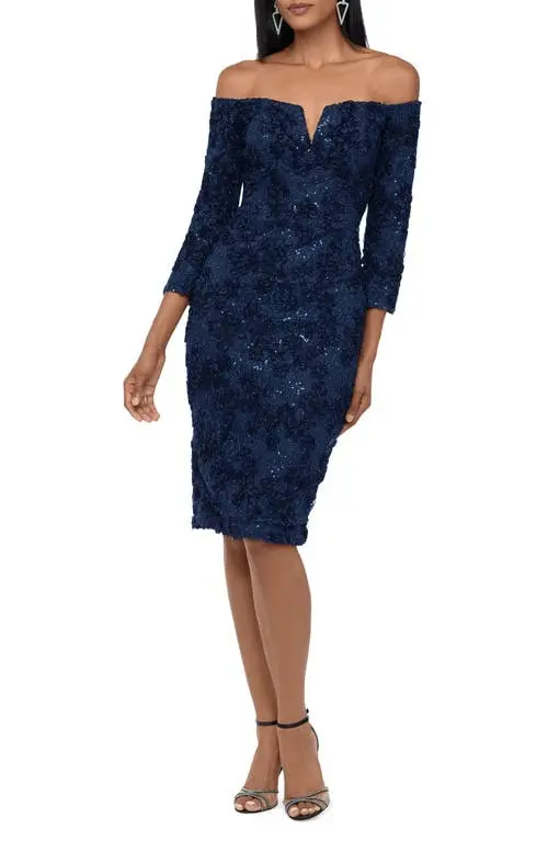 princess polly baby blue dress Xscape Sequin Lace Off The Shoulder Cocktail Dress - Navy/ Navy