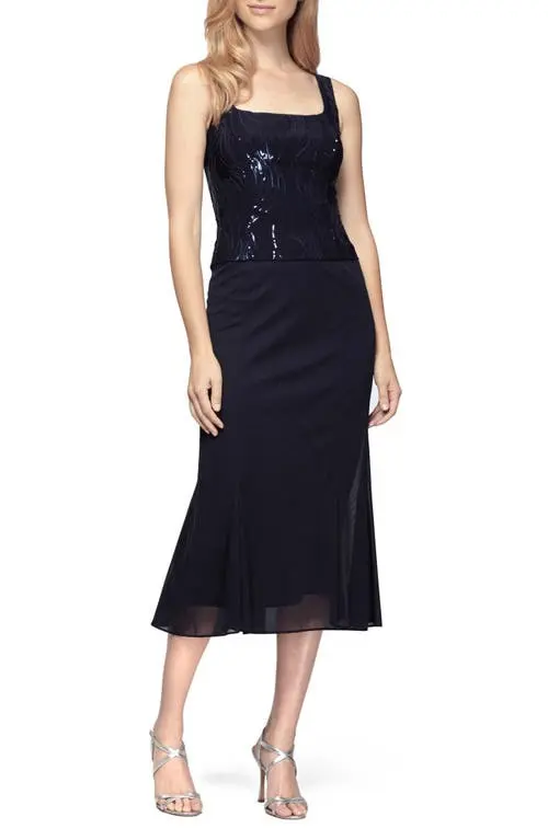Alex Evenings Sequin Jacket Midi Dress - Navy