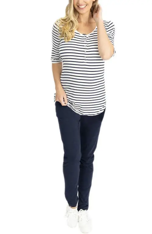ANGEL MATERNITY Maternity/nursing Henley & Lounge Pants Set - Navy White Stripe