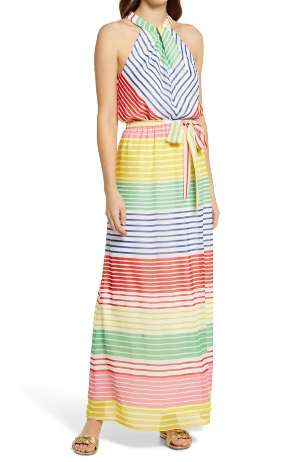 Julia Jordan Stripe Halter Neck Maxi Dress In Ivory Multi - 58% Off |  Editorialist