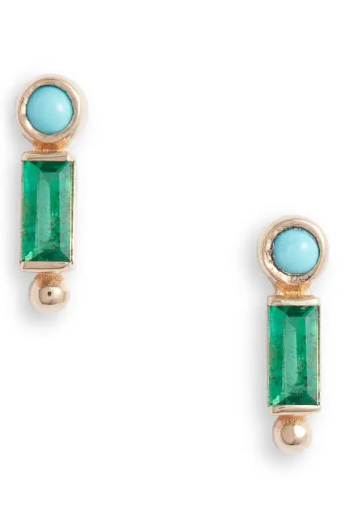 Anzie Dew Drop Bezel Stud Earrings - Yellow Gold/green/blue