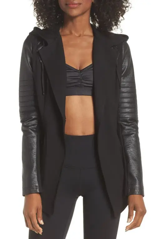 Blanc Noir Hooded Moto Blazer With Faux Leather Sleeves - Black