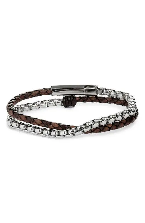 JONAS STUDIO Braided Leather & Chain Double Wrap Bracelet - Brown