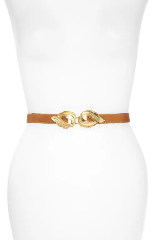 RAINA BELTS Lauren Leaf Buckle Leather Belt - Carmel