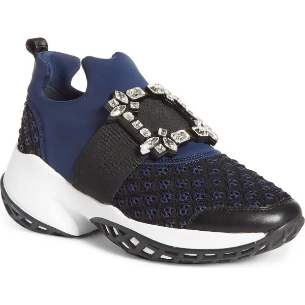 ROGER VIVIER Viv Crystal Buckle Slip-on Sneakers - Navy/black