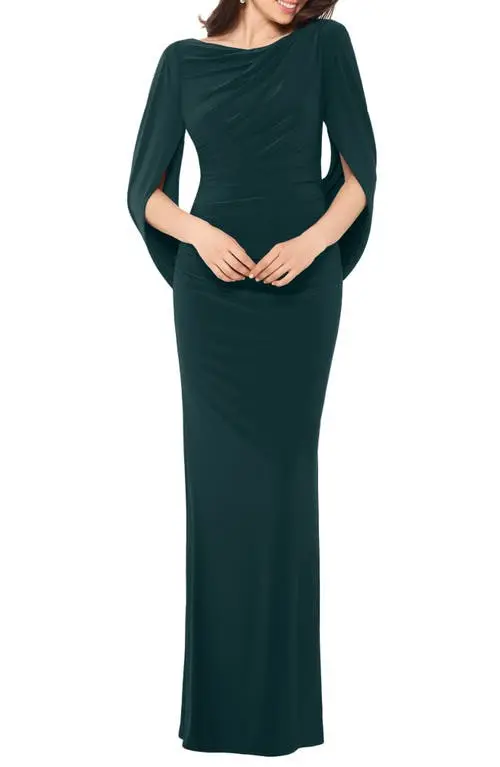 Betsy & Adam Cape Long Sleeve Trumpet Gown - Forest