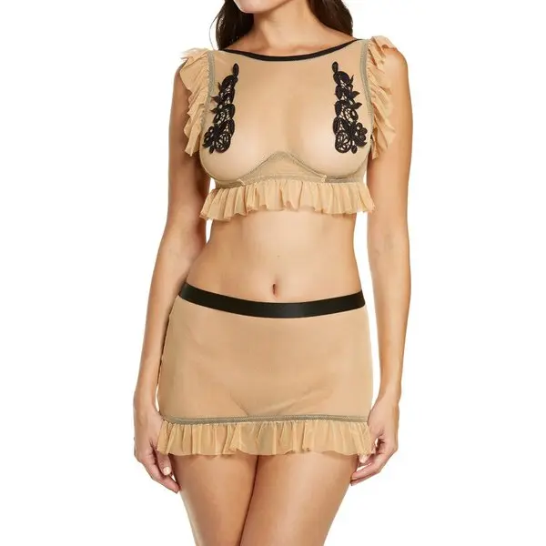 HAUTY Ruffle Trim Mesh Bralette & Skirt Set - Nude-black
