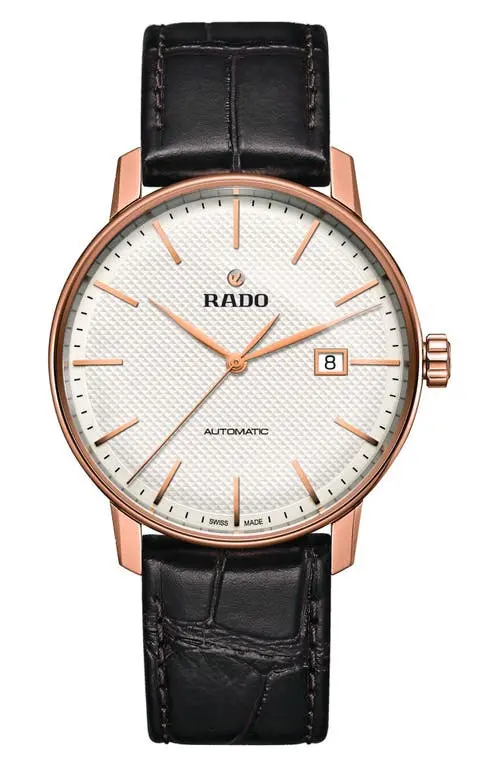 RADO Coupole Classic Automatic Embossed Leather Strap Watch - Brown/white/rose Gold