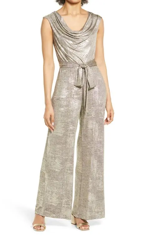 CONNECTED APPAREL Metallic Knit Tie Waist Jumpsuit - Flax