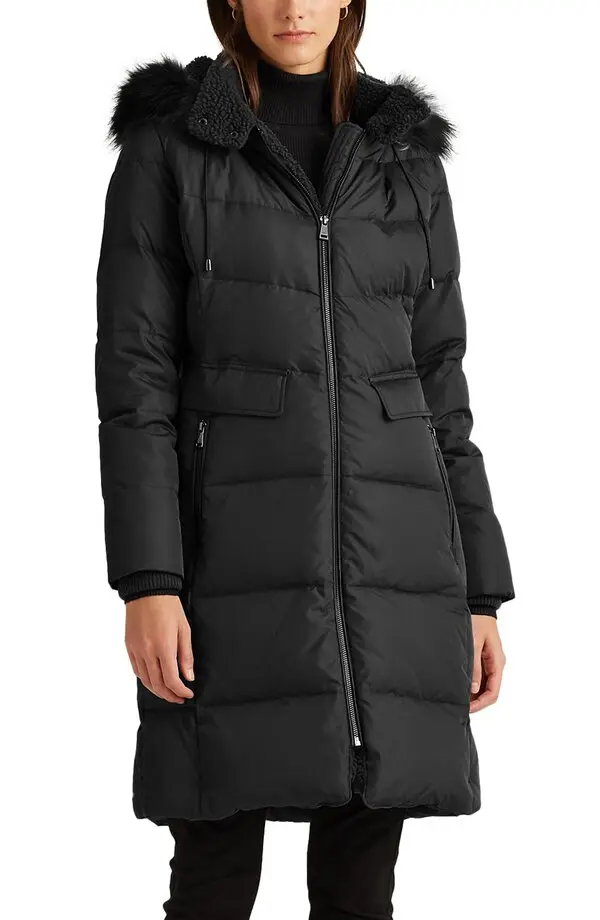 Ralph Lauren Faux Shearling Faux Fur Trim Hooded Down Puffer