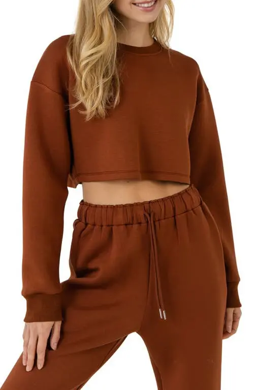 GREY LAB Lounge Wear Cropped Crewneck Sweatshirt - Brown