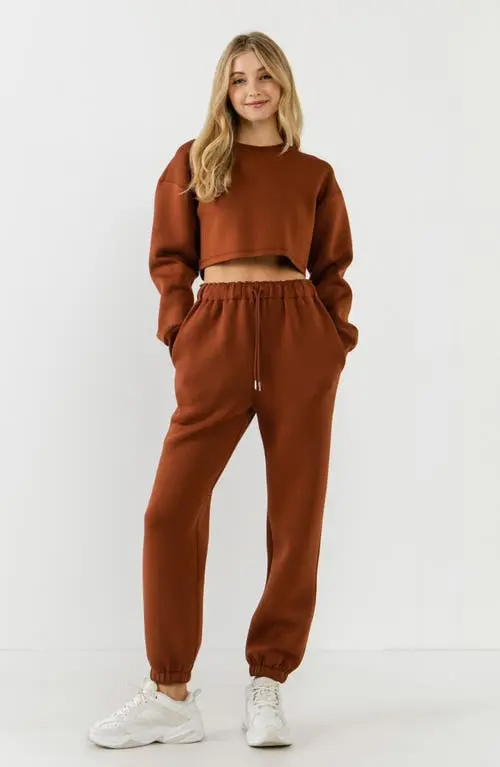 GREY LAB Lounge Wear Cropped Crewneck Sweatshirt - Brown
