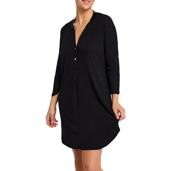 Fleur't Dolman Three Quarter Sleeve Nightshirt - Black Pointelle