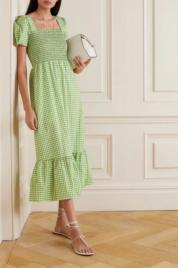 h&m a line cotton dress Hvn Shirred Gingham Cotton-Blend Poplin Maxi In Green - 70% Off a narrow Web Collection: Transitional to AW106 PrettyLittleThing Women's Shape Structured Size:SIZE US 2-3T