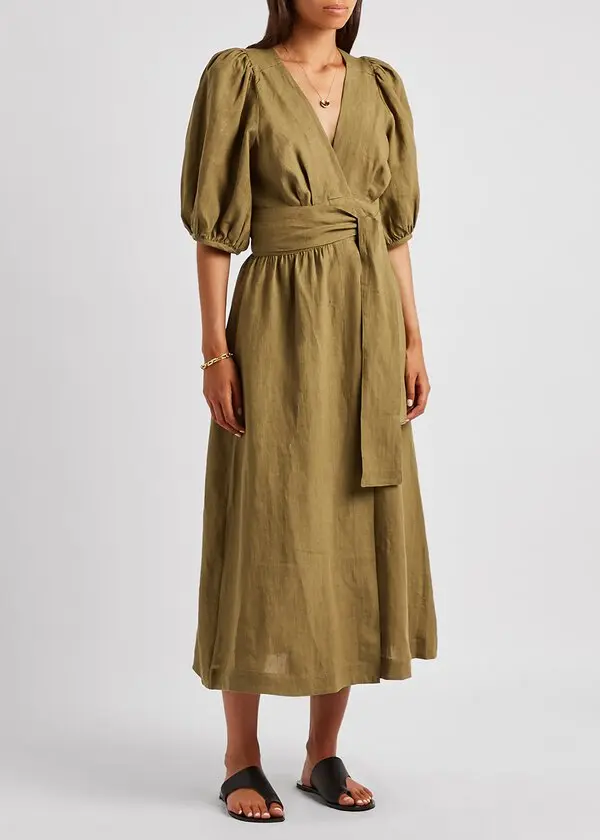 knee length dresses for ladies Boulevard Linen Maxi Dress in Olive – Bed Threads main image 0