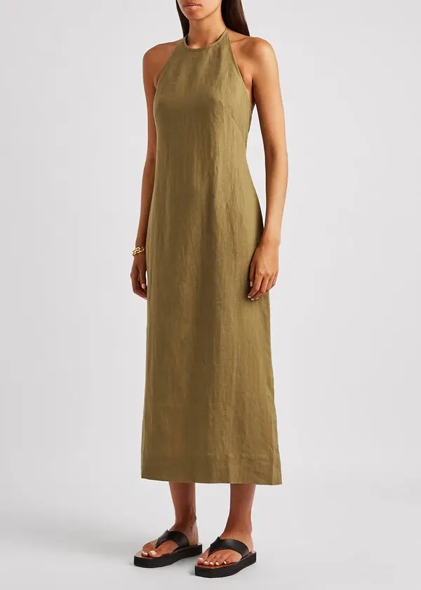 three graces london green dress Harisha Olive Linen Midi In Khaki - 41% Off Model_Keli