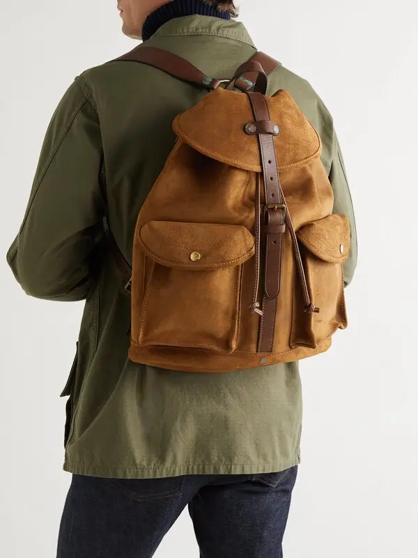 バッグ RRL RILEY ROUGHOUT SUEDE BACKPACK Ralph Lauren Leather-Trimmed Roughout Suede Backpack - Brown