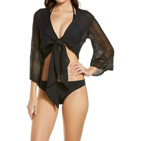 Elan Open Stitch Accent Tie Front Cover-up Top - Black