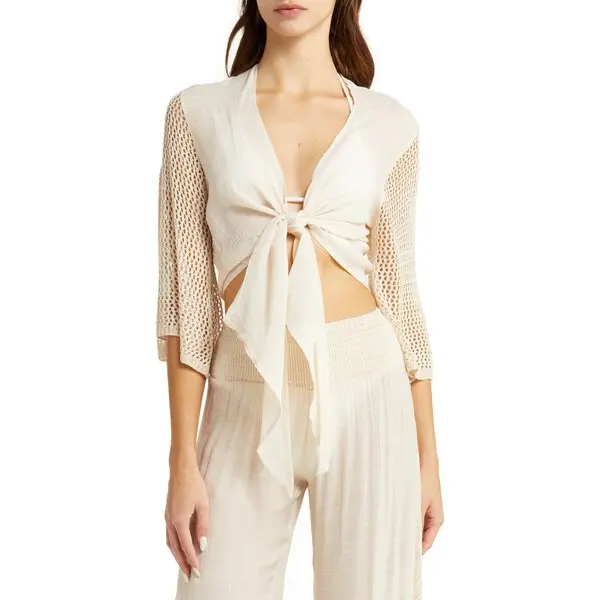 Elan Open Stitch Accent Tie Front Cover-up Top - Natural