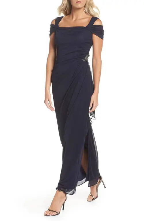 Alex Evenings Embellished Cold Shoulder Column Gown - Navy