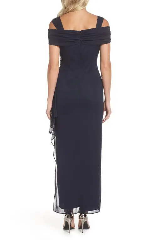 Alex Evenings Embellished Cold Shoulder Column Gown - Navy