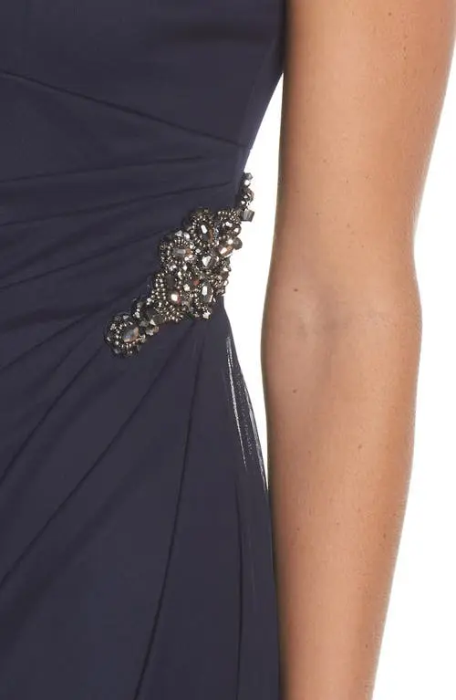 Alex Evenings Embellished Cold Shoulder Column Gown - Navy