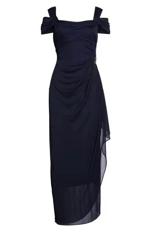 Alex Evenings Embellished Cold Shoulder Column Gown - Navy