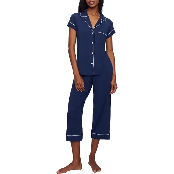 Eberjey Gisele Short Sleeve Cropped Pajamas - Navy/ Ivory