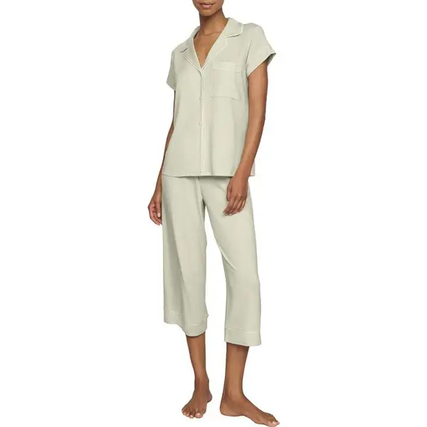 Eberjey Gisele Short Sleeve Cropped Pajamas - Seafoam/ivory