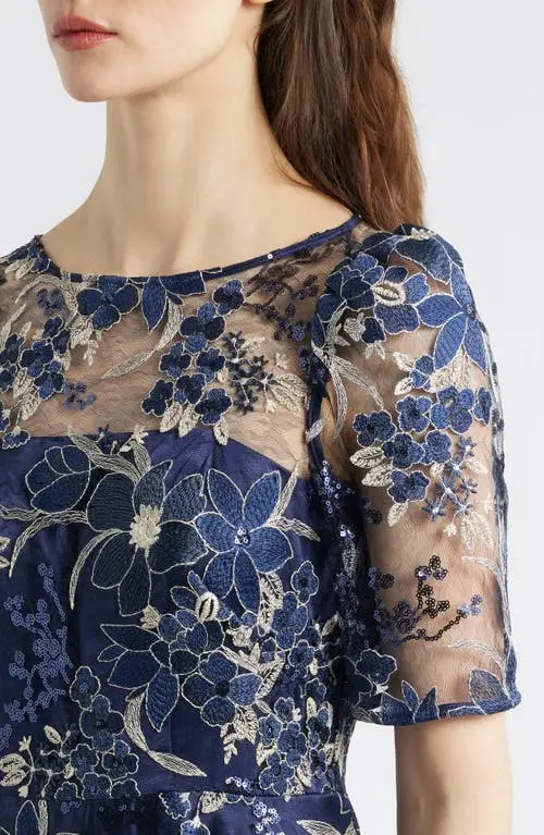 Eliza J Sequin Floral Embroidery Fit & Flare Midi Dress In Navy - 30% Off |  Editorialist