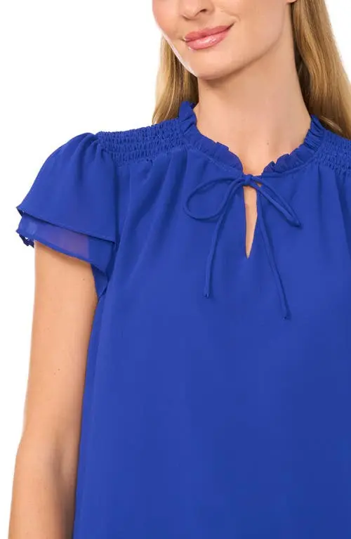 CECE DUPRAZ Flutter Sleeve Tie Neck Top - Goddess Blue