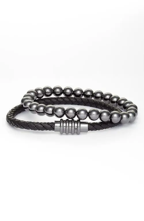 Nordstrom Beaded And Braided Leather Bracelet Set - Black- Hematite