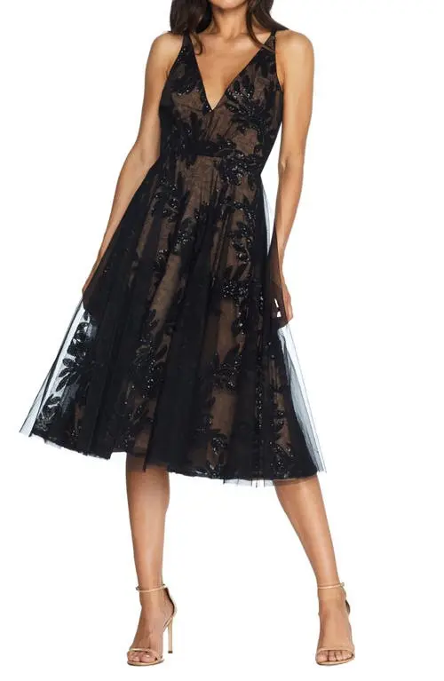 Dress The Population Courtney Sequin Lace Midi Dress - Black/nude