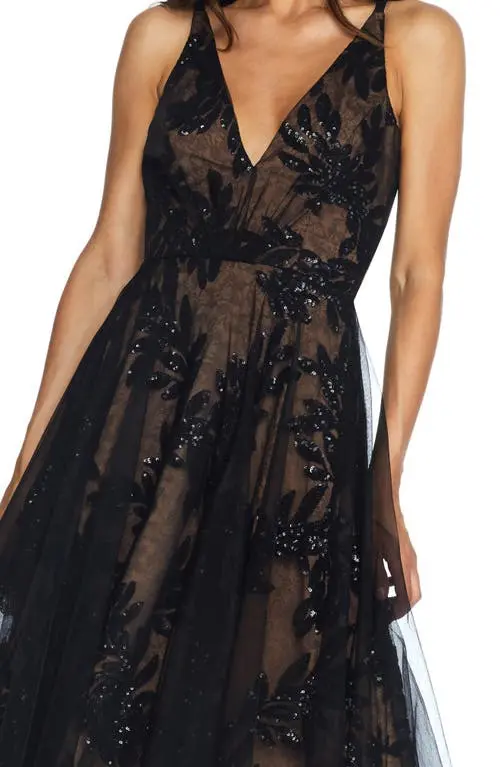 Dress The Population Courtney Sequin Lace Midi Dress - Black/nude