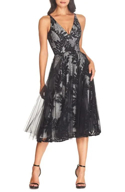 Dress The Population Courtney Sequin Lace Midi Dress - Black/nude