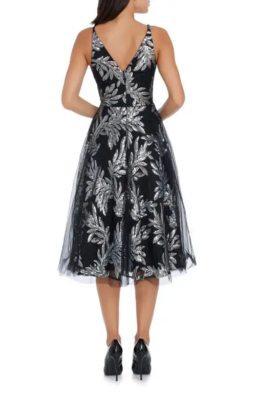 Dress The Population Courtney Sequin Lace Midi Dress - Silver Multi