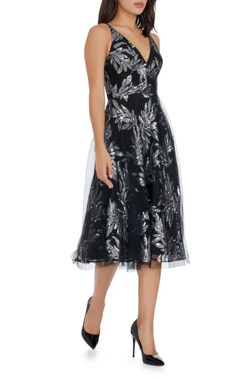 Dress The Population Courtney Sequin Lace Midi Dress - Silver Multi