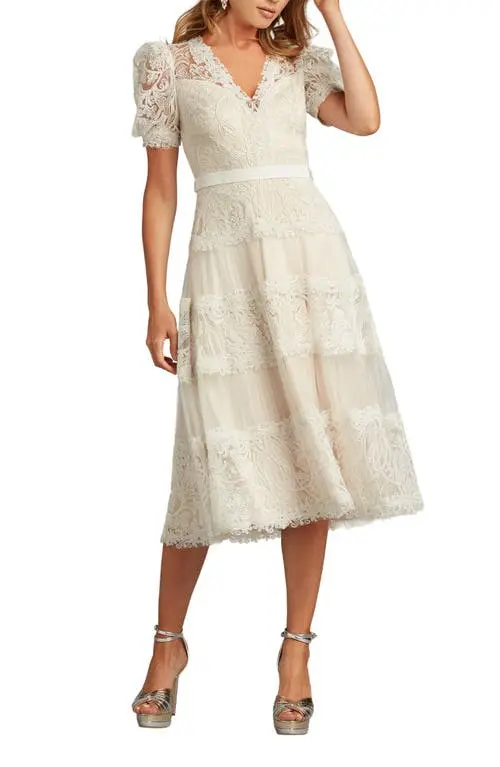 Tadashi Shoji Embroidered Lace Tiered Midi Dress - White/petal