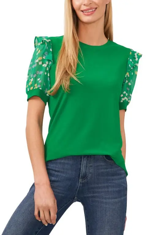 CECE DUPRAZ Scattered Ditsy Puff Sleeve Mixed Media Top