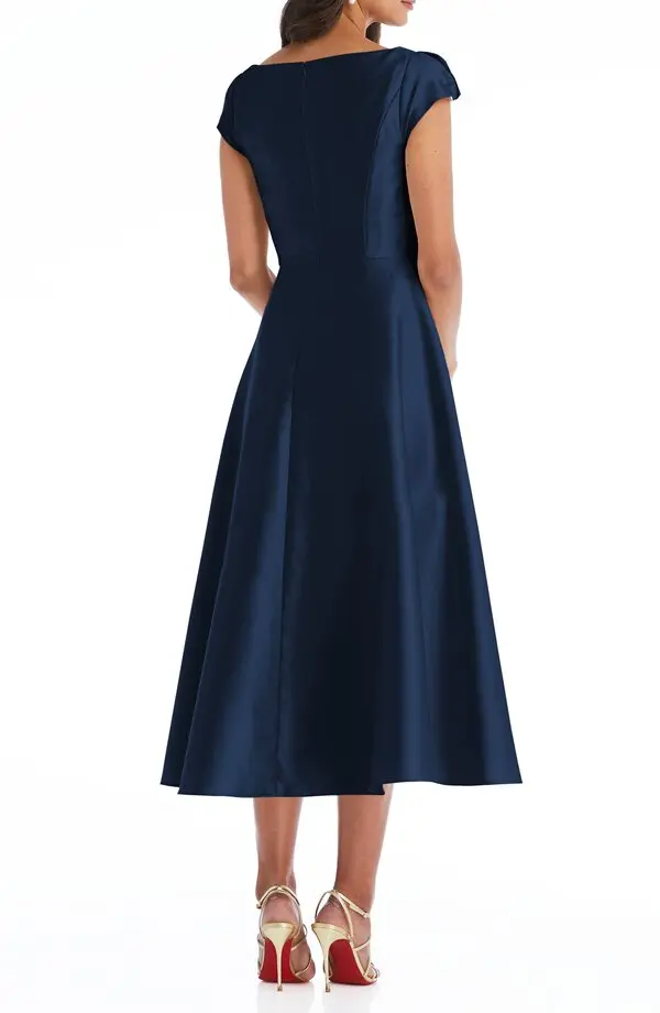 Alfred Sung Cap Sleeve Full Skirt Satin Midi Dress In Midnight - 30% Off |  Editorialist