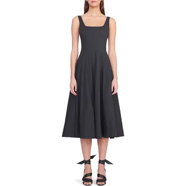 Staud Wells Stretch Cotton Poplin Midi Fit & Flare Dress - Black