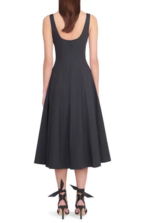 Staud Wells Stretch Cotton Poplin Midi Fit & Flare Dress - Black