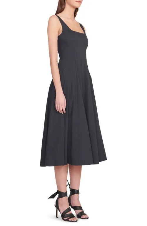 Staud Wells Stretch Cotton Poplin Midi Fit & Flare Dress - Black