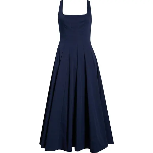 Staud Wells Stretch Cotton Poplin Midi Fit & Flare Dress - Navy