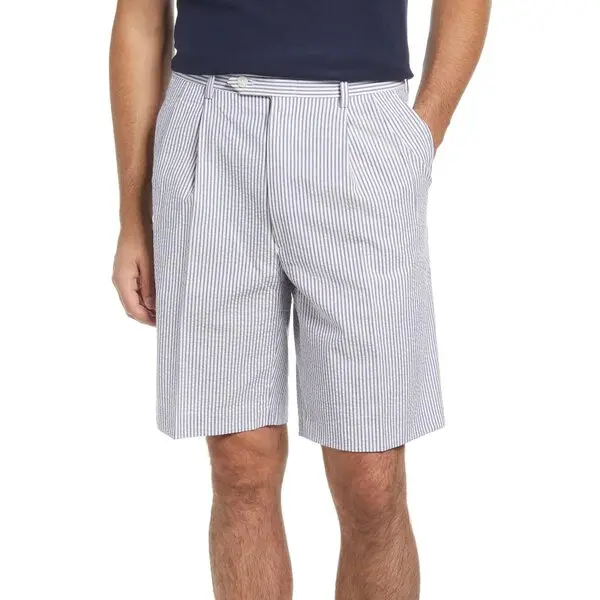 Berle Pleated Seersucker Shorts - Navy