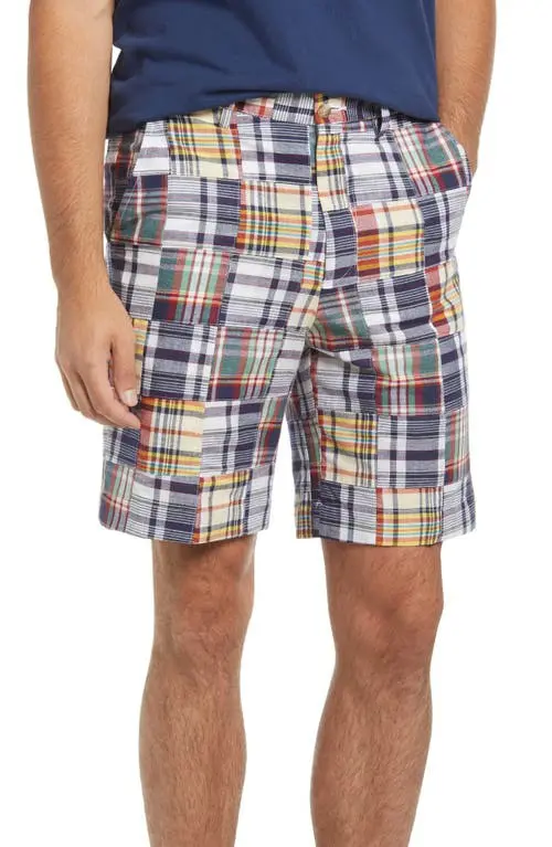 Berle Patchwork Madras Flat Front Shorts - Navy