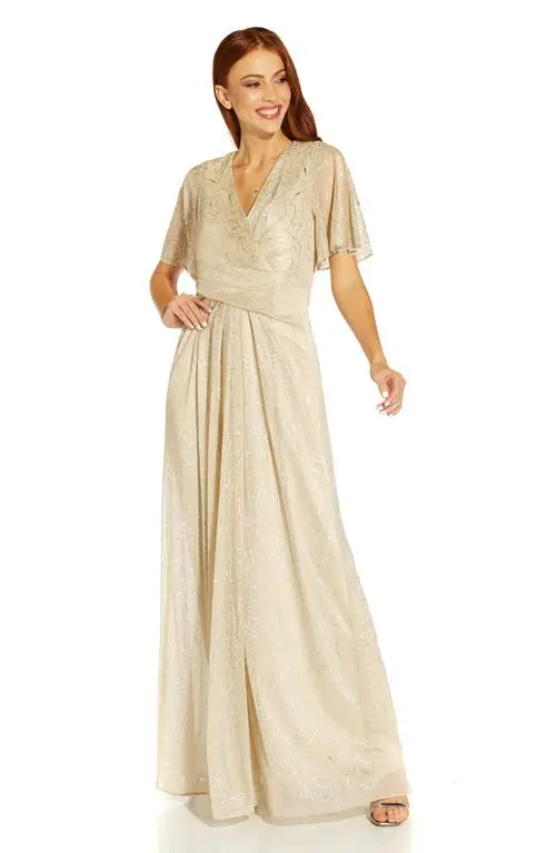 Adrianna Papell Metallic Mesh A-line Gown