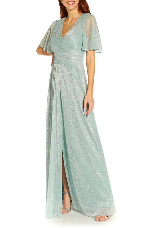Adrianna Papell Metallic Mesh A-line Gown
